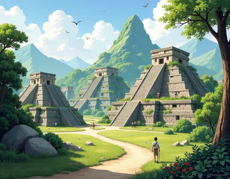 Mayan Pyramids in Lush Jungle Landscape - Ancient Civilization ...