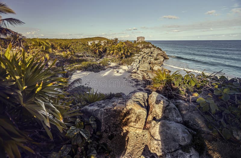 Mayan Ruins Overlooking Tropical Beach in Tulum, Mexico at Sunset Stock ...