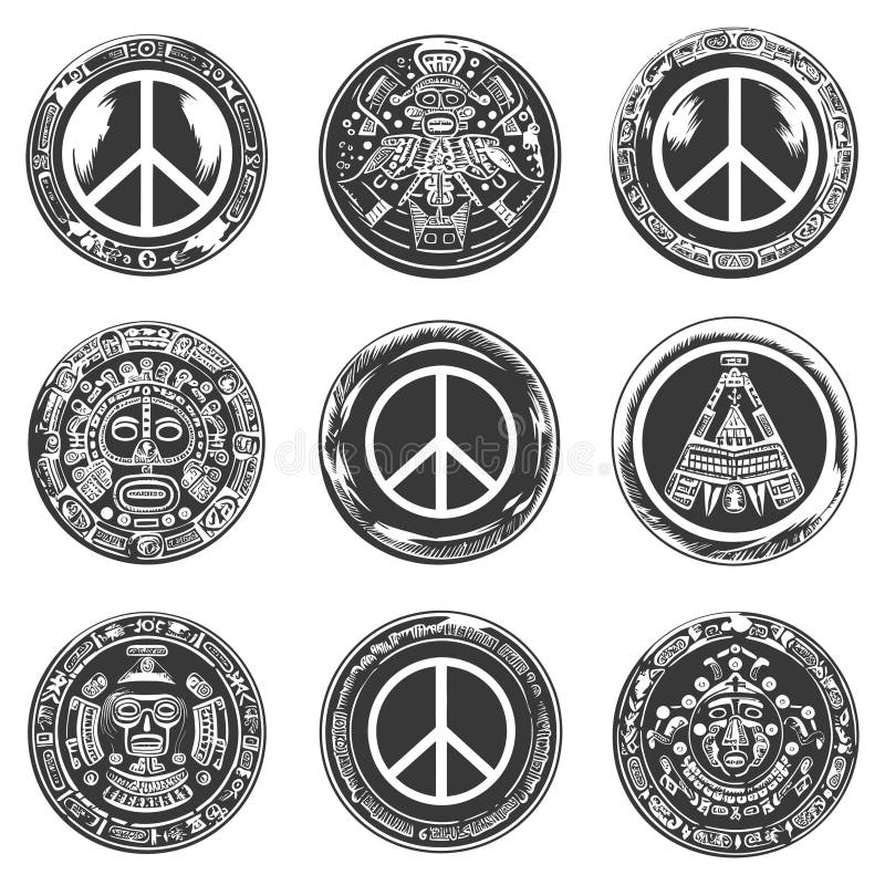 Collection of Nine Circular Mayan-Style Designs Featuring Peace Symbol ...