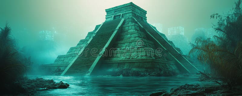 Mayan Underwater City with Pyramid-like Structures Surrounded by Mist ...