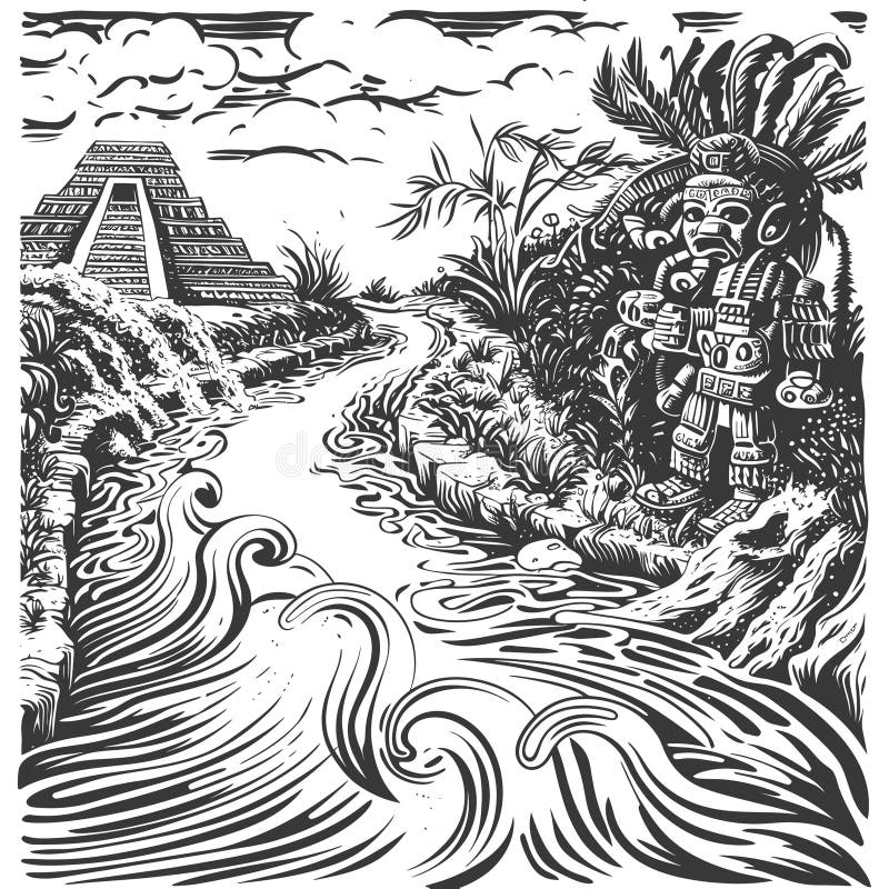 Serene Mayan River Scene with Ancient Pyramid and Totem Stock Vector ...