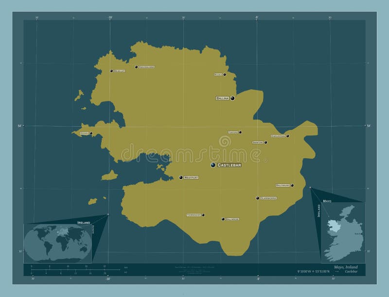 Mayo, Ireland. Solid. Labelled Points of Cities Stock Illustration ...