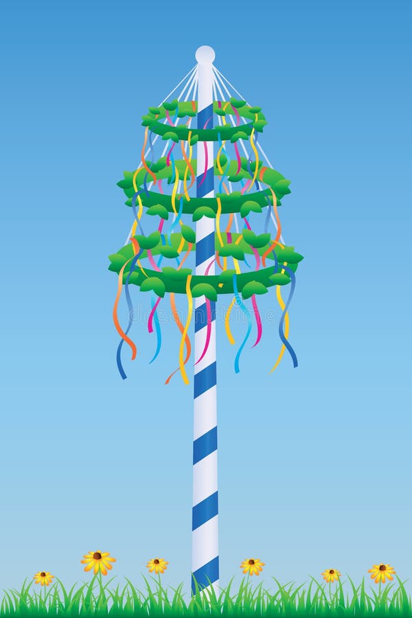 Maypole with Colorful Ribbons on Blue Sky Background Stock Vector ...