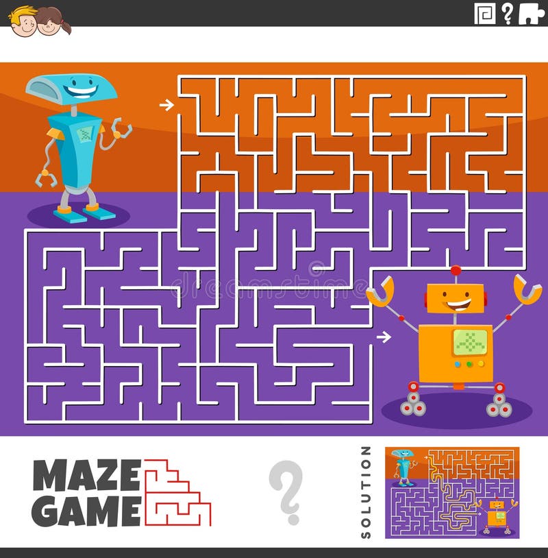Maze Activity Game with Cartoon Robots Characters Stock Vector ...