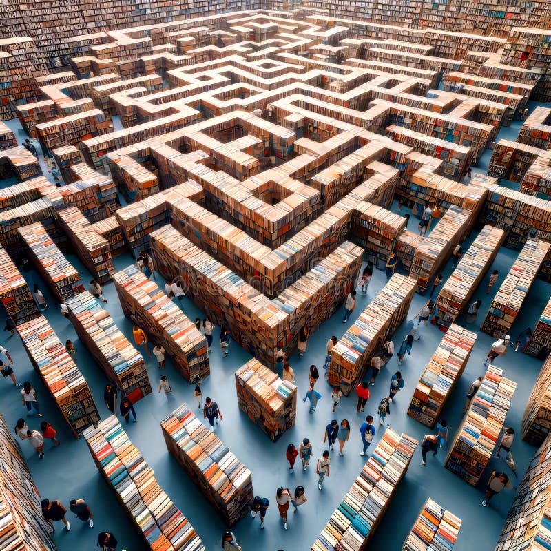 Very large maze of books. stock illustration. Illustration of discovery ...