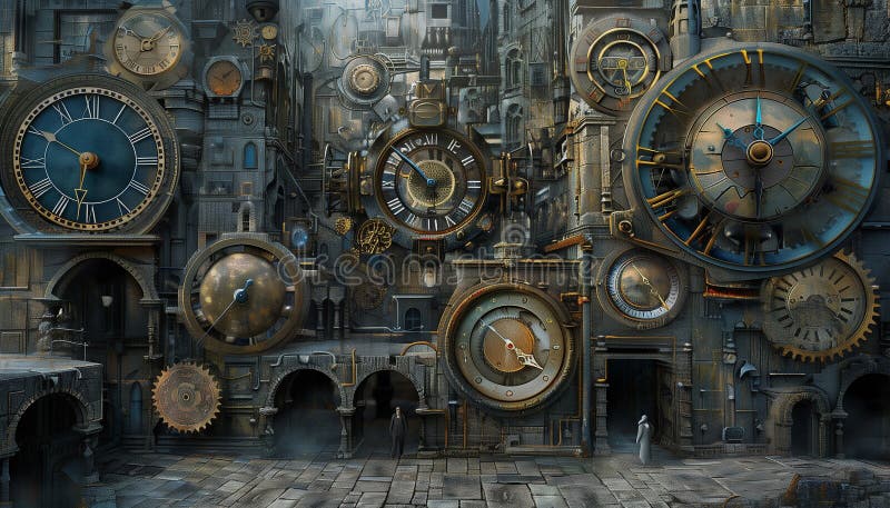 A Maze of Clocks and Gears Where Each Turning Wheel Shows a Different ...
