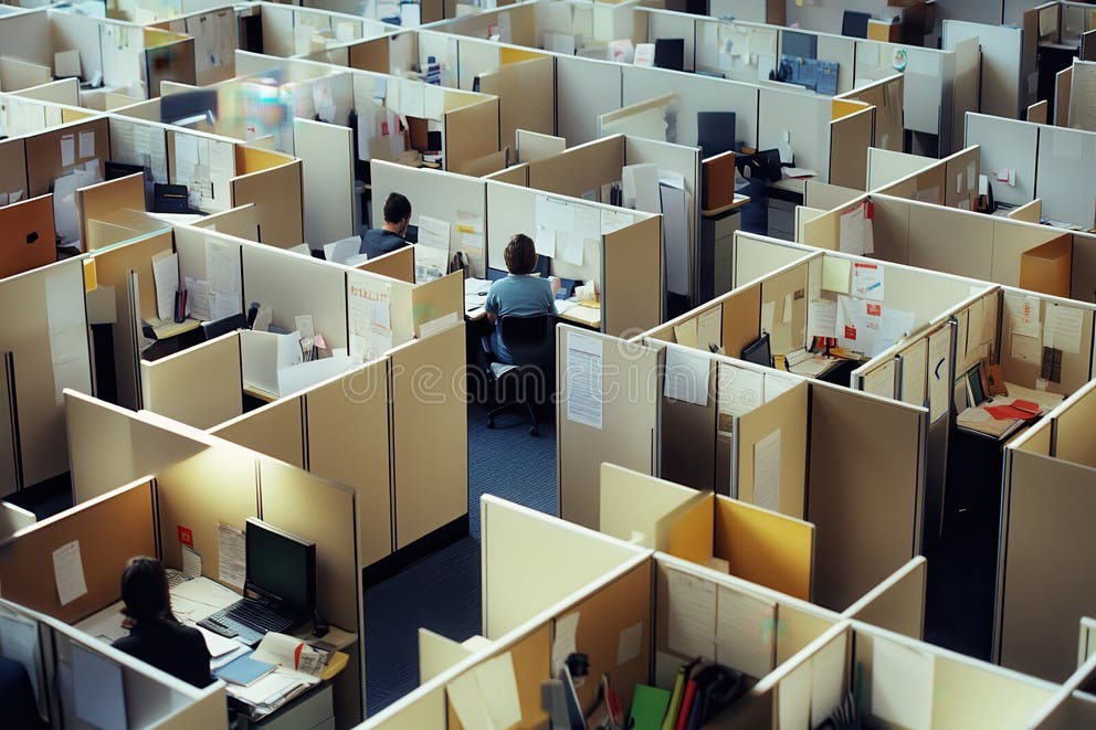 A Maze of Cubicles with Workers at Their Desks in an Office Stock ...