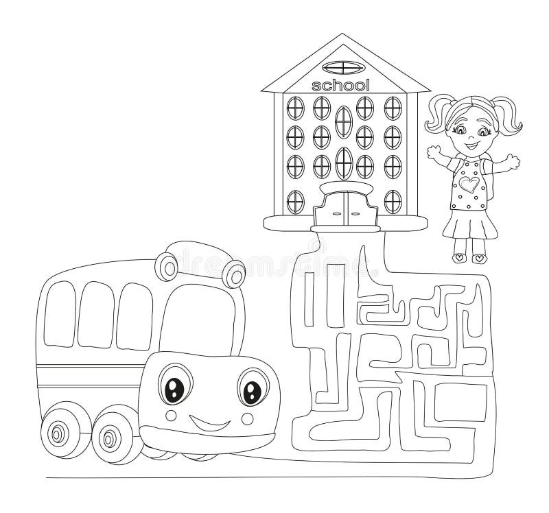 Maze with cute school bus stock vector. Illustration of black - 151538471