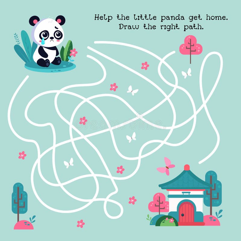 Maze Game for Children. Help the Little Panda Get Home. Draw the Right ...
