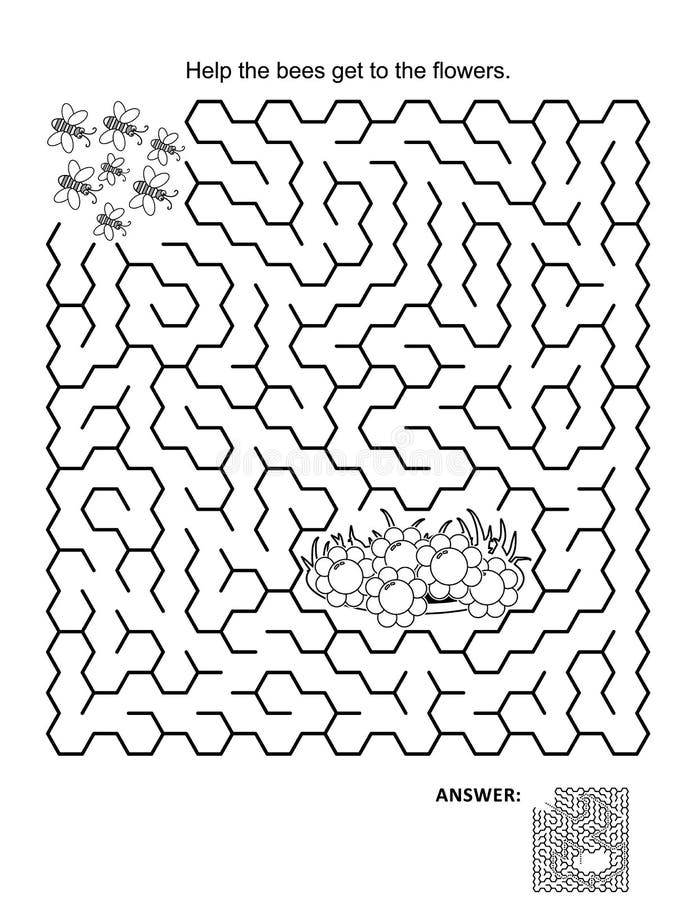 Maze Game and Coloring Page with Bees and Flowers Stock Vector ... Maze Game and Coloring Page with Bees and Flowers Stock Vector ...