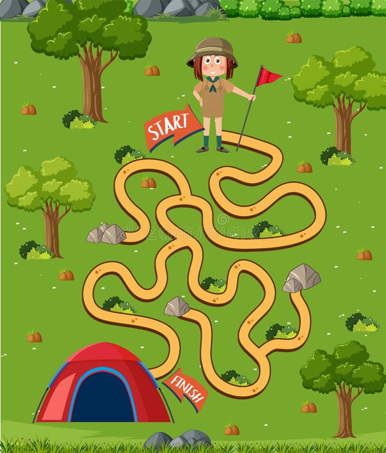 Maze Game Template in Camping Theme for Kids Stock Vector ...