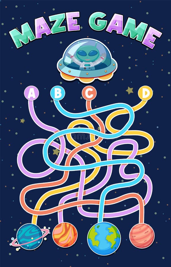Maze Game Template in Space Theme for Kids Stock Vector - Illustration ...