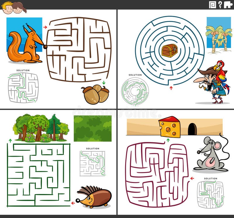 Maze Games Set with Funny Cartoon Characters Stock Vector ...