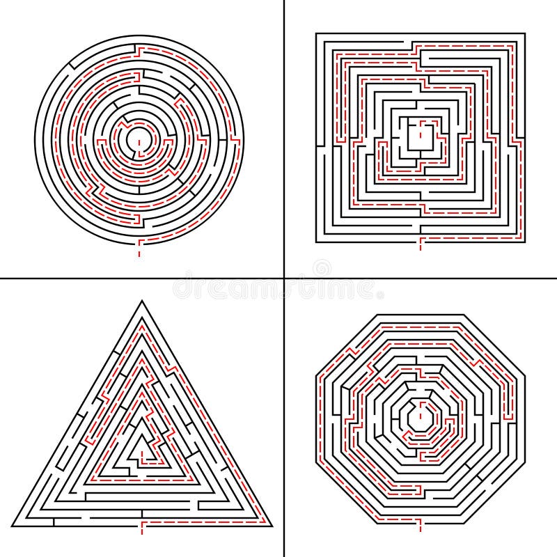 Maze Games. Set of Vector Puzzles, Different Shapes. Finding the Way To ...