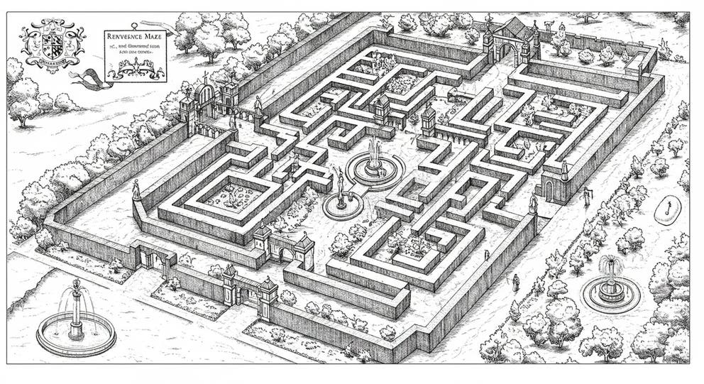 Maze Illustration Depicts an Extensive Labyrinth within a Rectangular ...