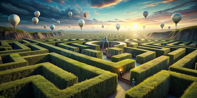 A Maze Like Landscape with Twisting Paths and Surreal Floating Objects ...