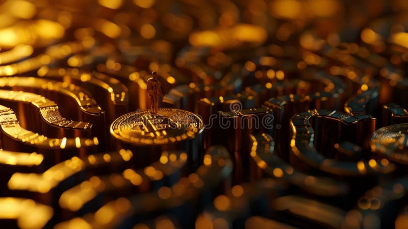 A Maze Made of Virtual Coins with Faceless Figures Navigating through ...