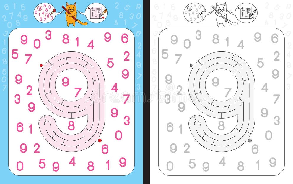 Maze number 9 stock vector. Illustration of drawing, cartoon - 93619027