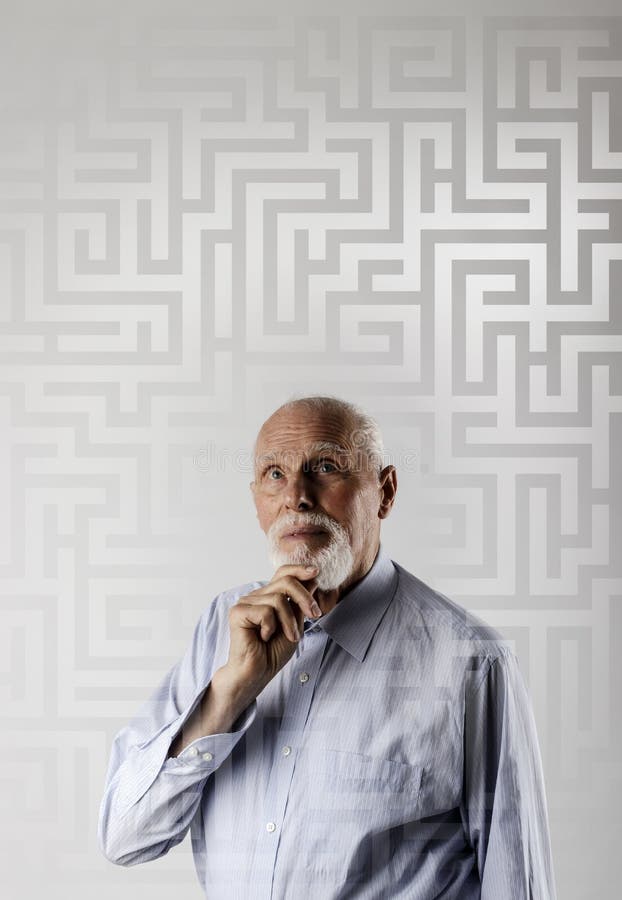 Maze. Old Man is Solving a Problem. Old Man is Full of Doubts Stock ...