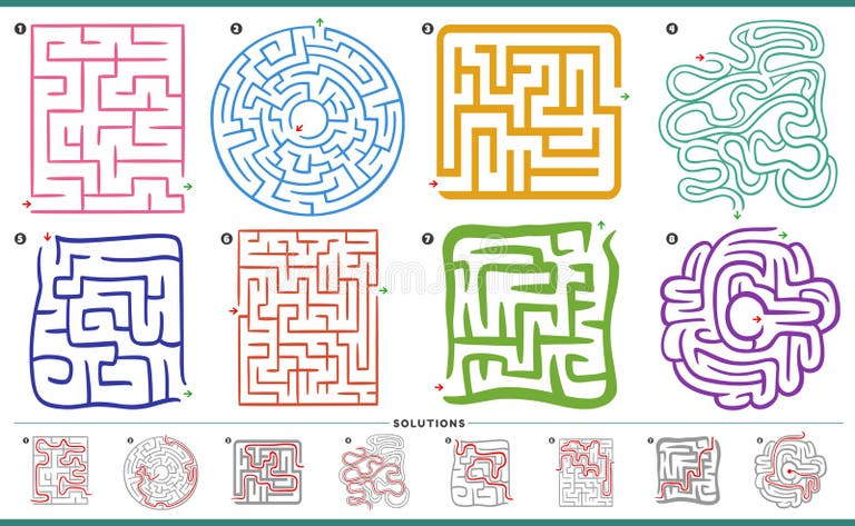 Maze Puzzle Activities Graphs Set with Solutions Stock Vector ...