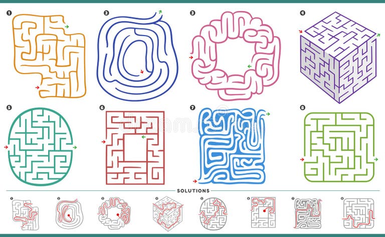 Maze Puzzle Activities Graphs Set with Solutions Stock Vector ...