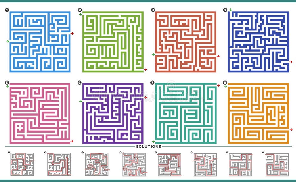 Maze Puzzle Activities Graphs Set with Solutions Stock Vector ...