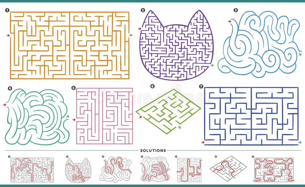 Maze Puzzle Activities Graphs Set with Solutions Stock Vector ...