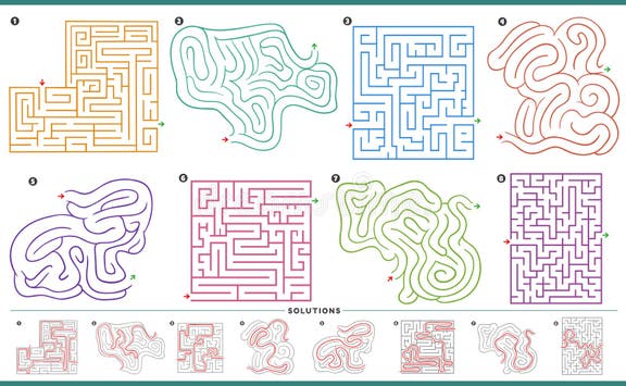 Maze Puzzle Activities Graphs Set with Solutions Stock Vector ...