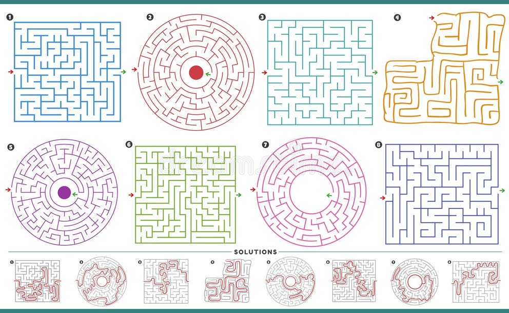 Maze Puzzle Activities Graphs Set with Solutions Stock Vector ...
