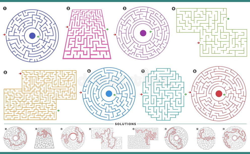 Maze Puzzle Activities Graphs Set with Solutions Stock Vector ...