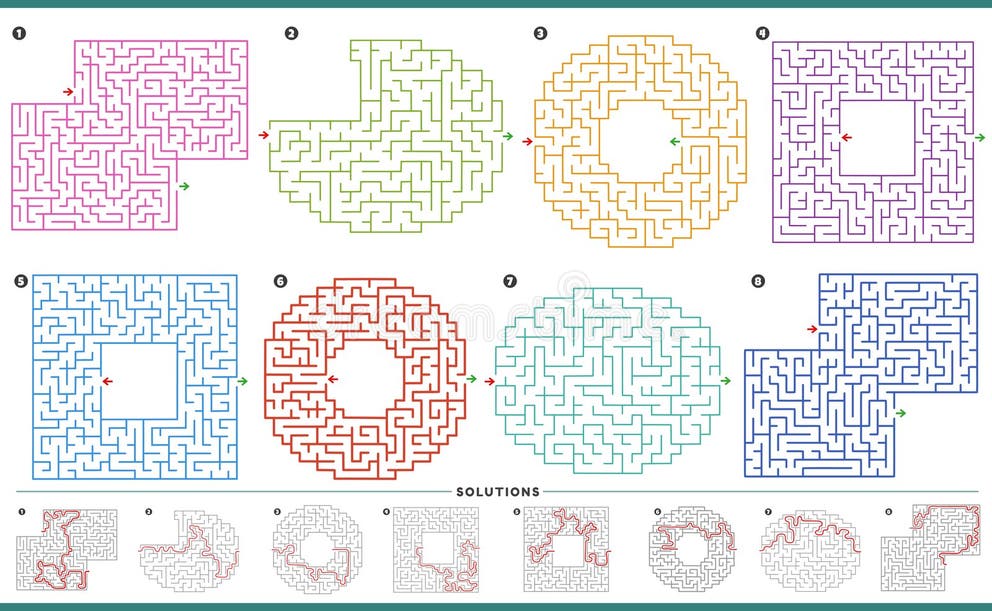 Maze Puzzle Activities Graphs Set with Solutions Stock Vector ...