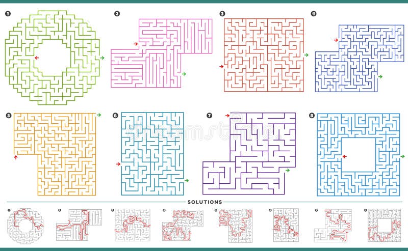 Maze Puzzle Activities Graphs Set with Solutions Stock Vector ...