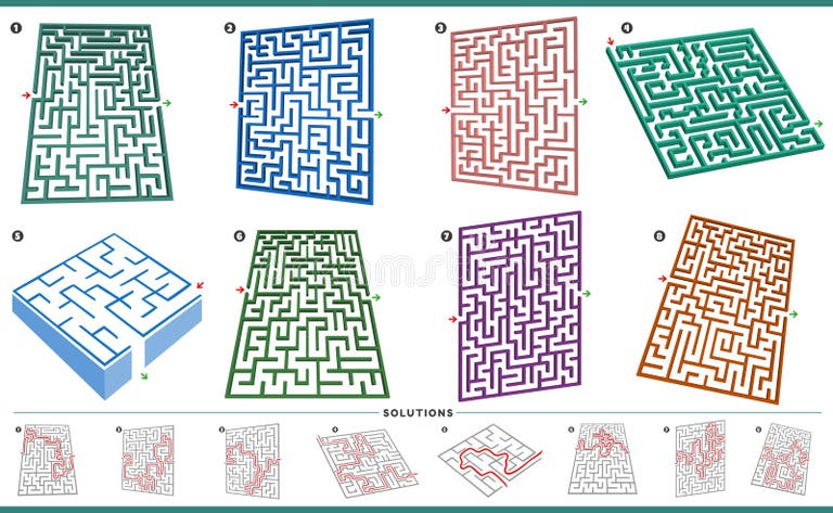 Maze Puzzle Activities Graphs Set with Solutions Stock Vector ...