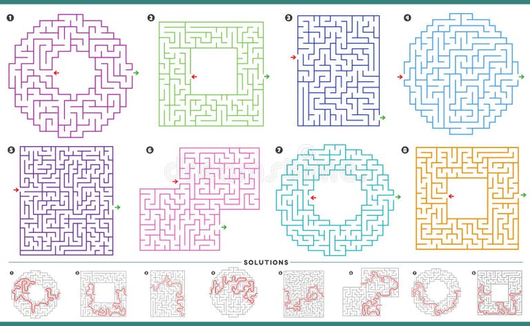 Maze Puzzle Activities Graphs Set with Solutions Stock Vector ...