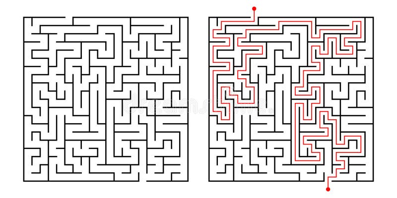 Square Maze Puzzle with a Solution Path. Logic Game Featuring a Start ...