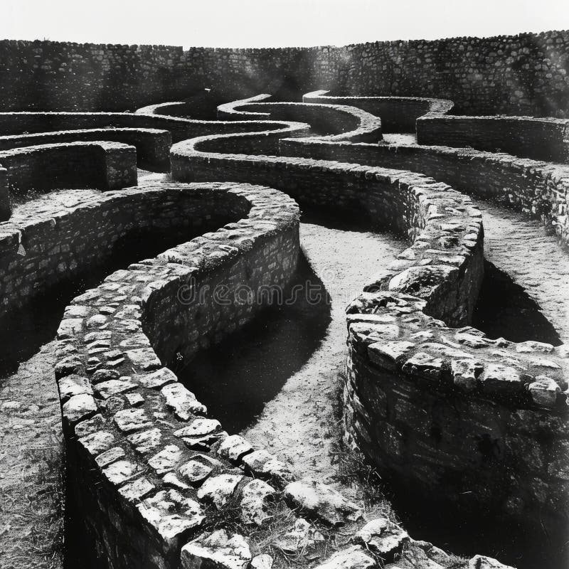 A Maze of Stone Walls Inviting Exploration and Reflection. Black and ...