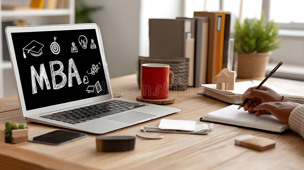 Mba Education Concept on Laptop Screen with Student Taking Notes in ...