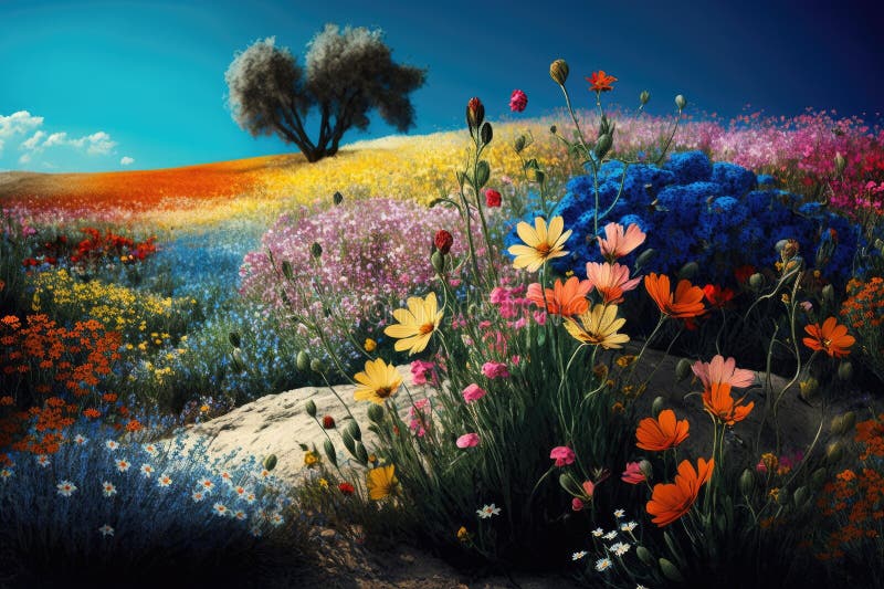 Meadow, Blanketed with Flowers of All Colors and Shapes Stock ...