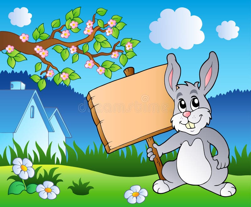 Cute Couple Rabbit Cartoon with Blank Board in Flower Garden Stock ...