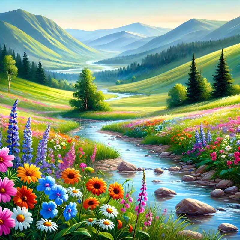 A Meadow Bursting with Colorful Blooms Surrounded by Gentle, Rolling ...