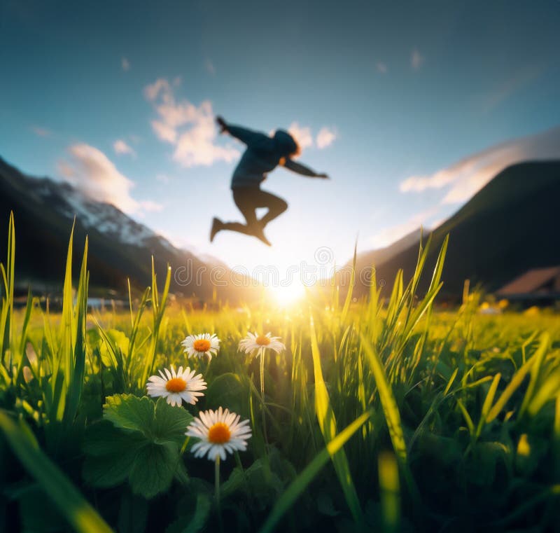 Meadow with Daisy Flowers, Mountain Range Man Jumping in the Air at ...