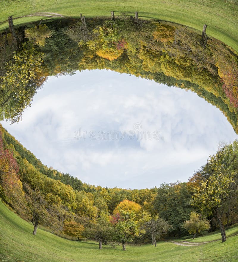Meadow in the Fall with a Sky in a Circle Stock Photo - Image of orange ...
