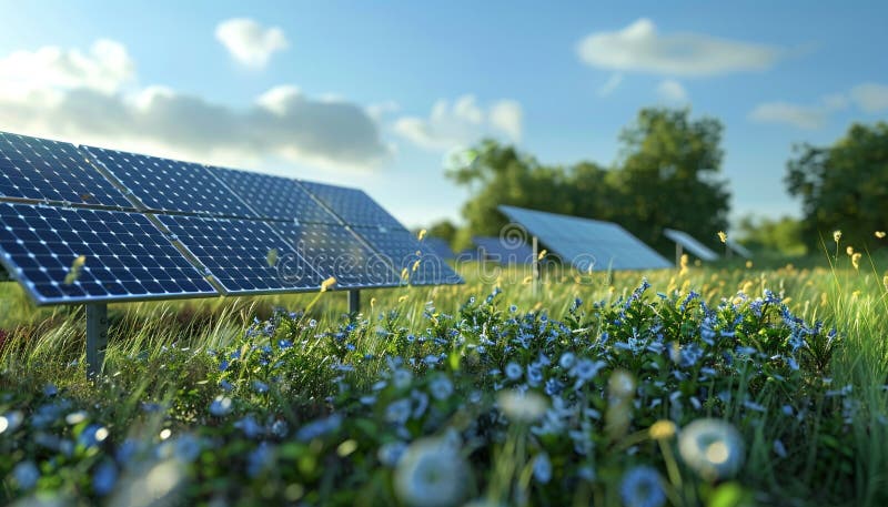 A Meadow Featuring Solar Panels for Energy Generation Stock ...