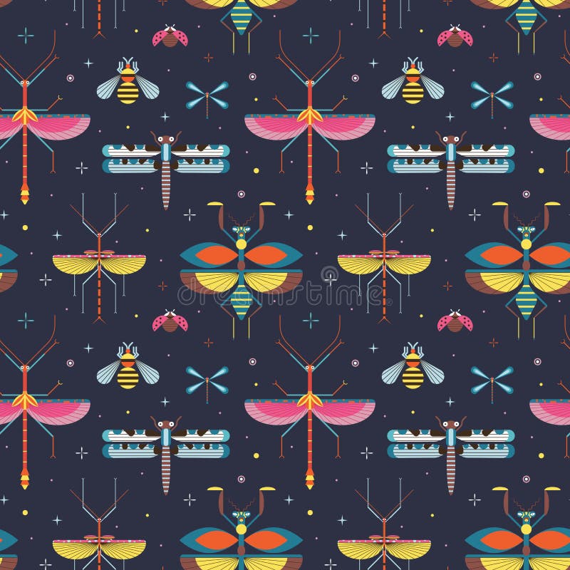 Meadow Insects and Flowers Watercolor Seamless Pattern on White. Stock ...