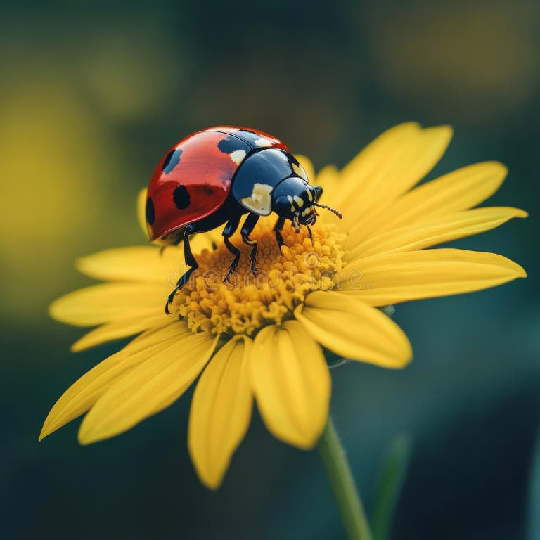 In a Meadow, a Ladybug Rests on a Bright Yellow Flower Stock Photo ...