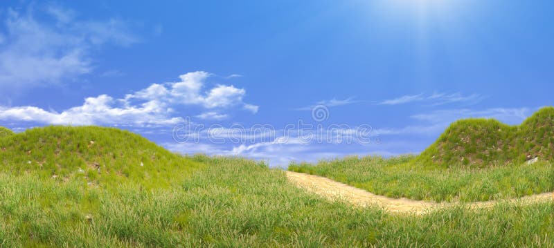 Meadow Landscape Against the Blue Sky with Clouds 3d Rendering Stock ...
