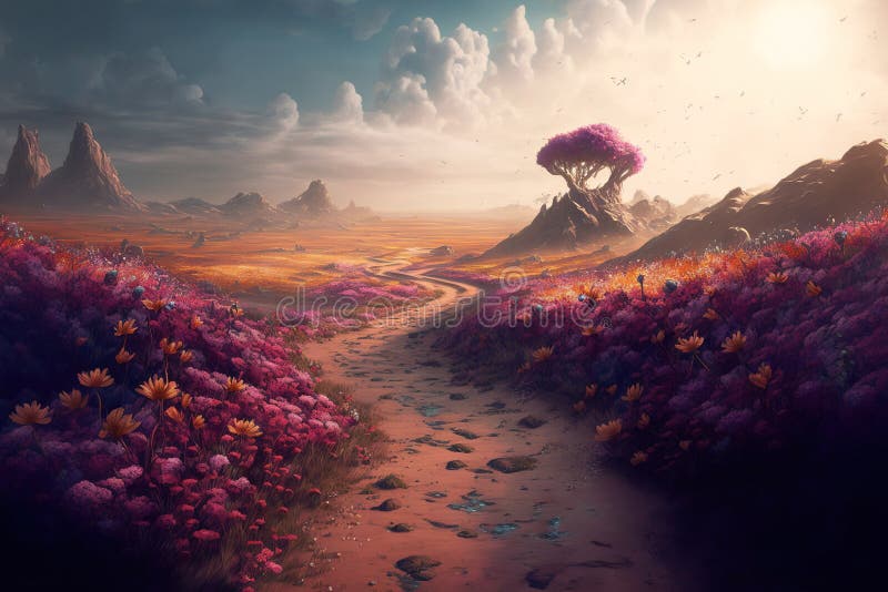 A Meadow Path through a Blooming Field, Gorgeous Sunset, Fantasy ...