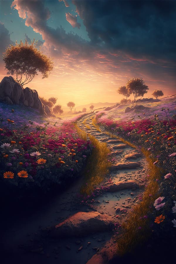 A Meadow Path through a Blooming Field, Gorgeous Sunset, Fantasy ...
