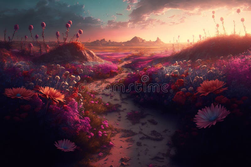 A Meadow Path through a Blooming Field, Gorgeous Sunset, Fantasy ...