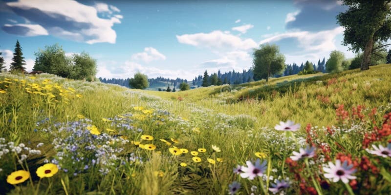 Meadow Scene with Forest, Clouds Beauty Flower and Grass. Nature Theme ...